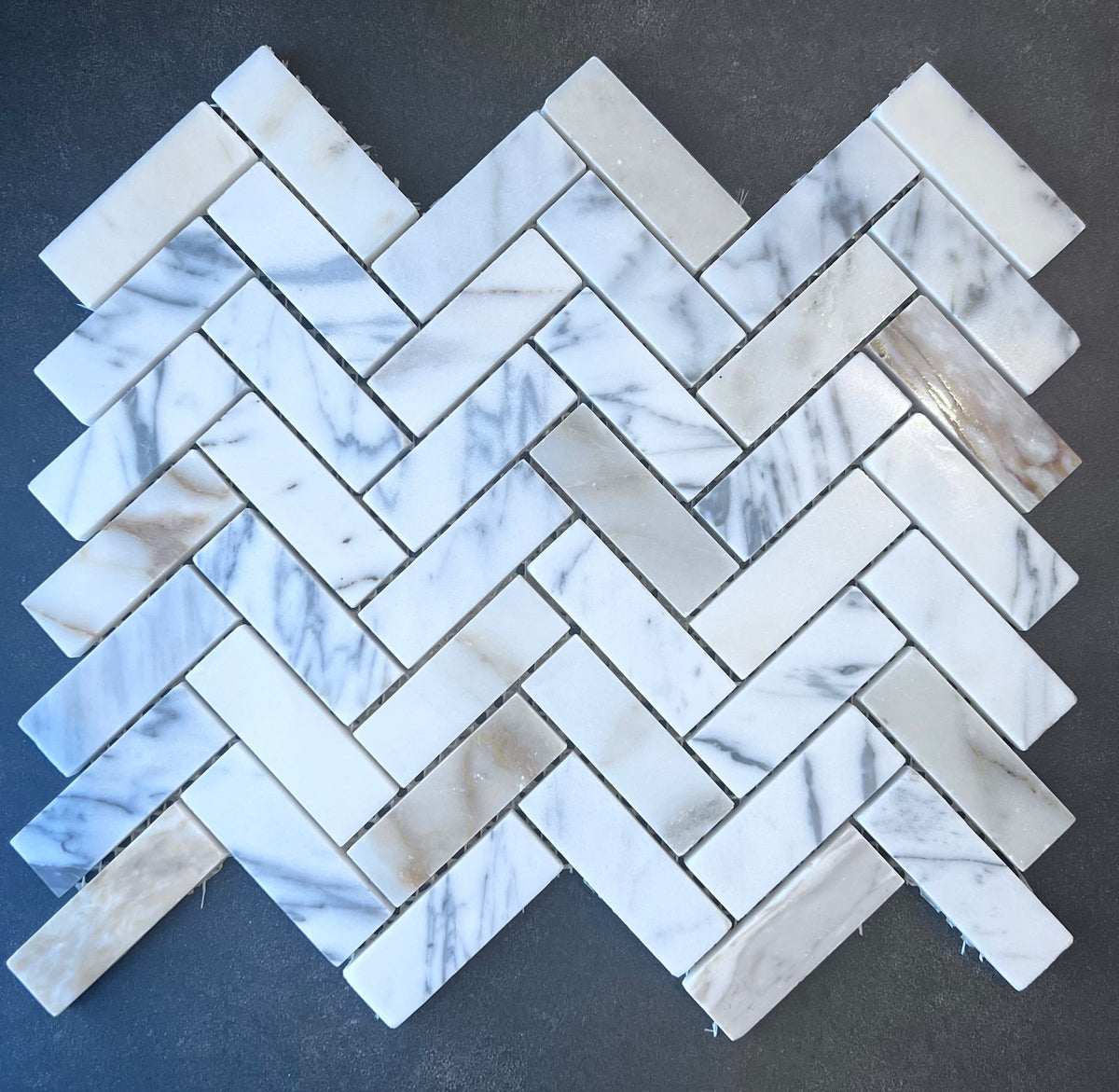 HERRINGBONE GREY & GOLD MOSAIC– Amazing Tiles & Stone